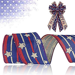 Estivaux 4th of July Ribbons for Crafting, 2.5 Inch ×10 Yard Patriotic Wired Edge Ribbon Blue Natural Burlap Ribbons American Stars Craft Ribbon Bows for Gift Wrapping Independence Day Decorations
