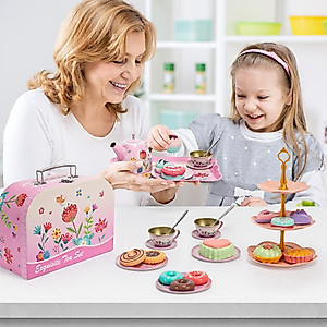 ShyLizard Tea Set for Little Girls, Kids Party Set Toys for 3 Year Old Girls, Princess Tea Set for Girls Gifts, Flower Design Tea Set Toys for Girls, Gifts for 3 4 5 6 Year Old Girls, 43PCS