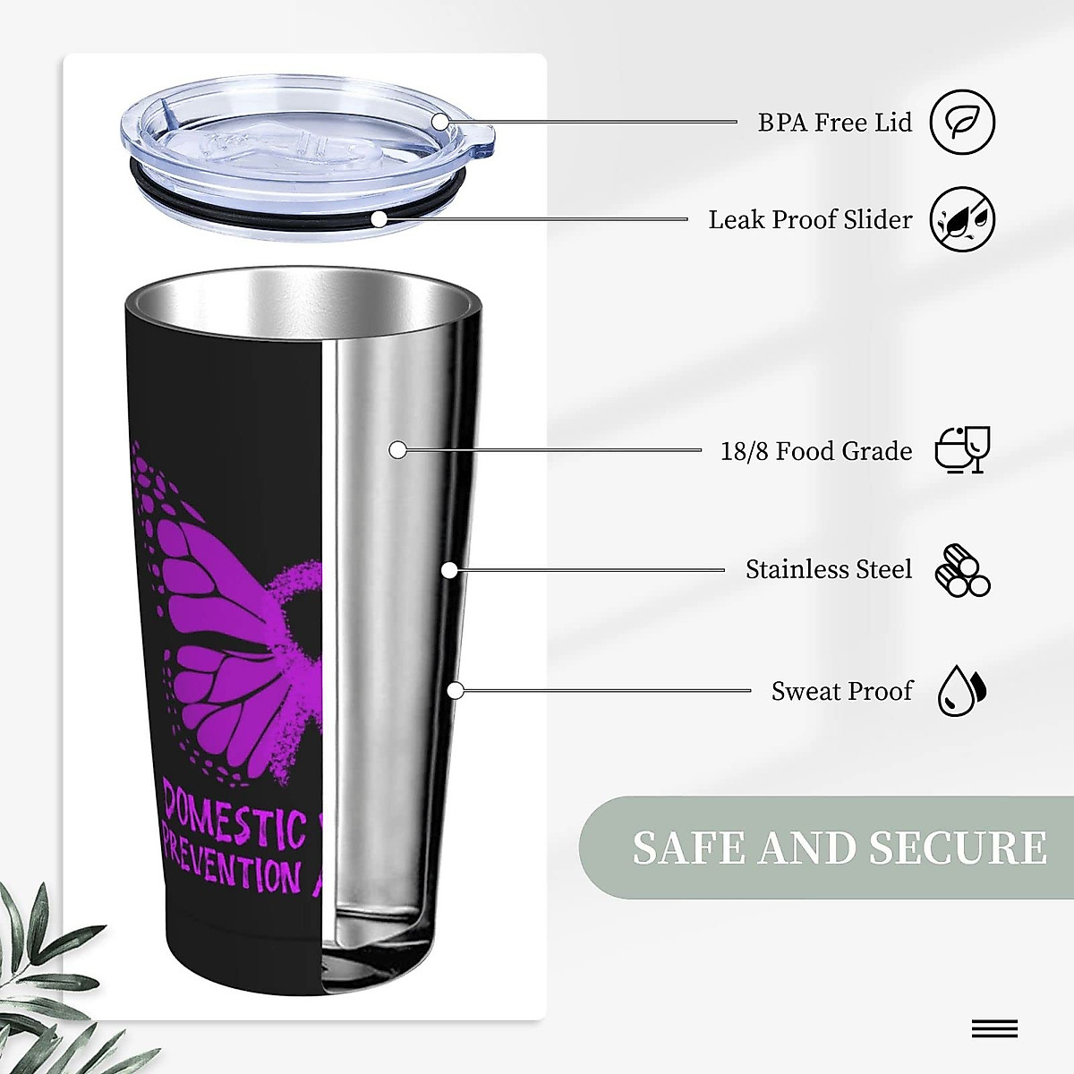Domestic Violence Prevention Awareness Coffee Cup,With Lid Spill Proof And Straw Thermos Cup Stainless Steel Water Bottle Reusable Auto Mug Travel Mug-20oz