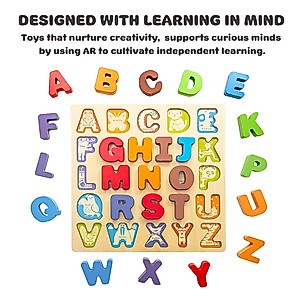 KIPPTO Wooden Alphabet Puzzles. Free Augmented Reality App, Favorite A-Z Animal Imprints with AR Makes Learning Interactive and Fun for Kids. Preschool Montessori Educational Toys 2-4 Years Old.