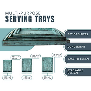 Serving Trays Set of 3 - Ottoman Wood Trays for Entertainment, Food and Décor - Rustic Farmhouse Distressed Wood Finish - Rustic Blue
