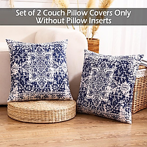 CARRIE HOME Navy Blue and White Farmhouse Decorative Throw Pillow Covers 18x18 Set of 2 Blue Boho Velvet Decorative Pillows 18 x 18 Soft Boho Room Decor for Couch Sofa and Bed