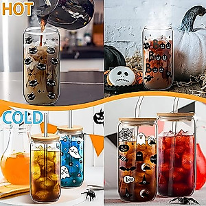 Dandat 8 Pack Halloween Glass Cups 16 oz with 12 Pcs Sublimation Picture for DIY Blank pumpkins Iced Coffee Beer Can with Lids and Straws Tumbler Mason Jar Cups Mug Drinking Borosilicate Glass