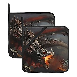 Knight Fighting Dragon Kitchen Pot Holders Hot Pad, Potholders Hot Pads for Kitchen,Washable Pot Holder Oven Mitts,Heat Resistant Hot Pad Kitchen Decor Accessories for Cooking and Baking（2 Sets