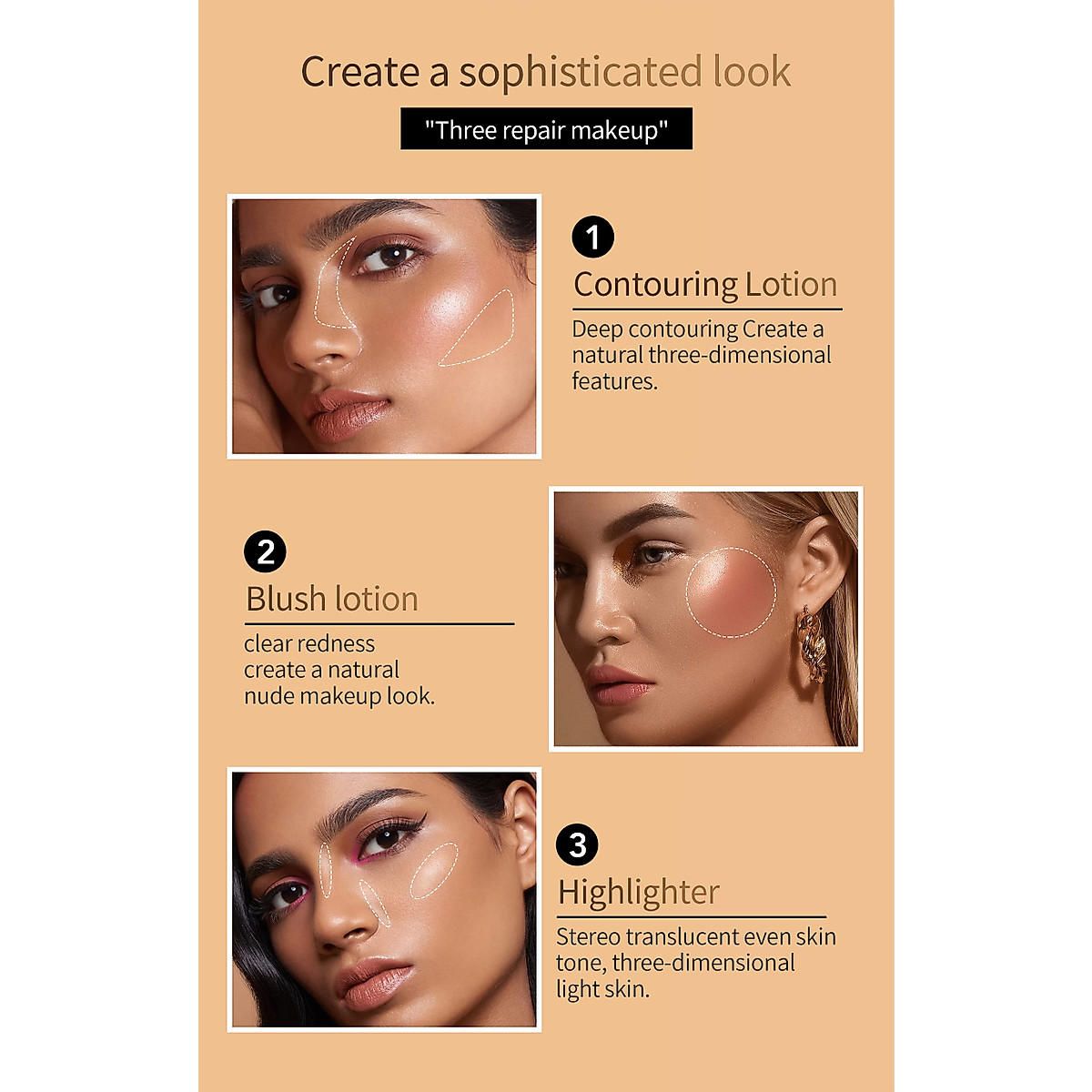 3 Pcs Liquid Contour Beauty Wand Set, Contour & Blush & Highlighter Stick with Cushion Applicator， Attached Easy to Blend, Long Lasting & Smooth Natural Matte Finish (#02#03#05)