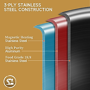 Inqibee 12-Inch Tri-Ply Stainless Steel Frying Pan with Lid and Helper Handle,Skillet,Chef's Pan,Induction Cooking Pan,Heavy Duty and Detachable Handle.