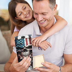 FOCIUZTA 20oz Stainless Steel Tumbler with Lid & Straw, Patriotic Skull Graphic, Vacuum Insulated Travel Mug, Double-Walled Beverage Cup for Coffee, Ice Drinks, Juice, Thermal Cup Gift for Family