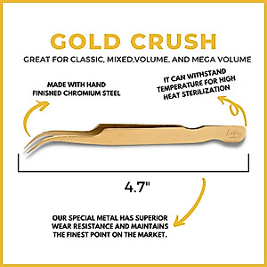 LivBay Lash - Gold Crush Tweezer, Curved Perfect Pointed Tip Tweezers for Eyelash Extension (Professional Use Only)