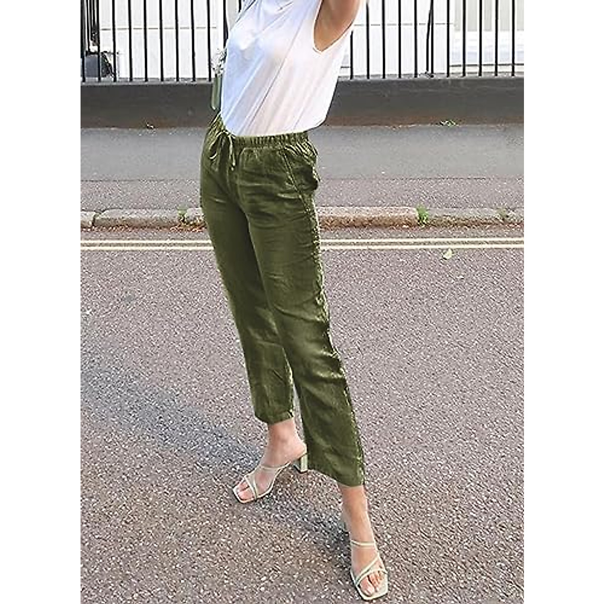 Acelitt Womens Casual Linen Pants Lightweight Drawstring Elastic Waist Spring Summer 2025 Beach Slacks Comfy Trousers with Pockets Green X-Large