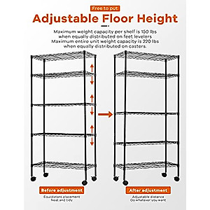 MGHH Garage Shelving, Metal Shelves 5 Tier Wire Shelving Unit Adjustable Heavy Duty Sturdy Steel Shelving Rolling Cart with Casters for Pantry Garage Kitchen, Black