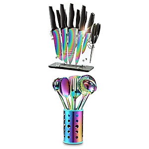 KYA35 14 PCS Rainbow Titanium Coating Cutlery Knives Block Set + KYA52B 7 PCS Stainless Steel Cooking Utensils Sets with Titanium Plated