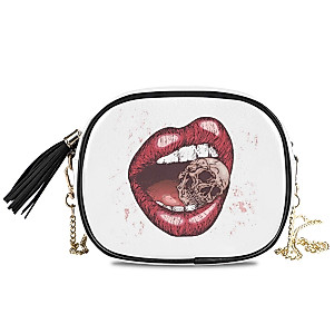 ALAZA PU Leather Small Crossbody Bag Purse Wallet Punk Red Lips Biting A Skull Cell Phone Bags with Adjustable Chain Strap & Multi Pocket