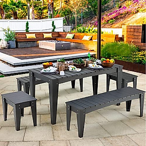Erinnyees HDPE 5 Piece Patio Dining Set, Outdoor Table Bench Furniture Set with 1 Rectangle Dining Table, 2 Double Benches, and 2 Single Stools, for Backyard, Porch, Lawn, and Garden
