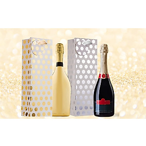 UNIQOOO 12Pcs Premium Quality Gold & Silver Metallic Foil Polka Dots Wine Gift Bag Bulk, w/Gift Massage Tag,100% Recyclable Paper,14"x4.75"x3.5" Wine Carrier Bags Tote Gift Bags, Party Gift Wrapping
