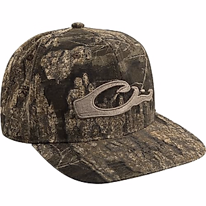 Drake Waterfowl Camo Flat Bill Cap - Hunting Low-Profile Six-Panel Design Cotton Logo Cap with Adjustable Snapback Closure, One Size Fits Most, Mossy Oak Bottomland