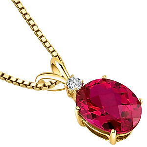 PEORA Created Ruby with Genuine Diamond Pendant in 14K Yellow Gold, Elegant Solitaire, Oval Shape, 10x8mm, 3.50 Carats total