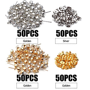 100pcs 5mm Rhinestone Earring Studs Hypoallergenic Earrings Posts with Loop and 100pcs Butterfly Earring Backs for DIY Earring Jewelry Making Supplies