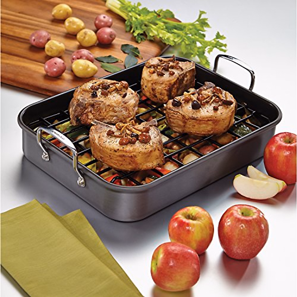 Rachael Ray Brights Hard Anodized Nonstick Roaster / Roasting Pan with Rack - 16 Inch x 12 Inch, Gray