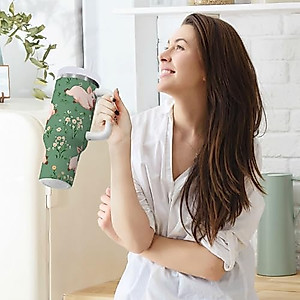 Wusikd Cute Pink Pig Tumbler Handle Lid and Straw Flowers Water Bottle Stainless Steel Coffee Travel Tumbler Mug Cup Gifts for Men Women 40oz