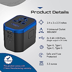 Ceptics Universal Adapter - World Power Charger Wall Charger 2 USB Type I C G A Outlets All in One 110V 220V A/C - Works in Europe, Asia, Australia, China, Africa (UP-8KU-BLK)
