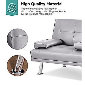 AWQM Faux Leather Futon Sofa Bed Upholstered Modern Convertible Sofa Bed Small Couch Bed Adjustable Couch Sleeper for Compact Living Space, Removable Armrests, Metal Legs, 2 Cupholders, Light Grey
