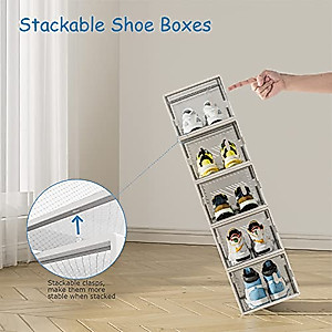 Shoe Storage Boxes Shoe Organizer for Closet, 6 Pack Shoe Boxes Clear Plastic Stackable Shoe Containers Under Bed Shoe Storage Foldable Sneaker Containers Bins Shoe Holder for Entryway, Closet Floor, Drop Front, Fit up to US Size 14