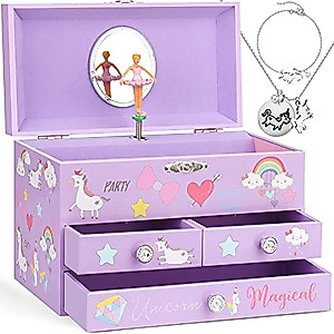efubaby Musical Jewelry Box for Girls 3 Layer Jewelry Organizer with Drawers Spinning Ballerina Unicorn Design Included Unicorn Jewelry Set Kids Birthday Christmas Gifts for Girls, Purple