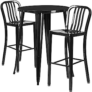 Flash Furniture Commercial Grade 30" Round Black Metal Indoor-Outdoor Bar Table Set with 2 Vertical Slat Back Stools