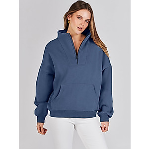 ANRABESS Womens Half Zip Sweatshirts Oversized Crop Pullover 2024 Winter Y2K Fleece Hoodie Sweater Teen Girls Fall Clothes Navy Blue Medium