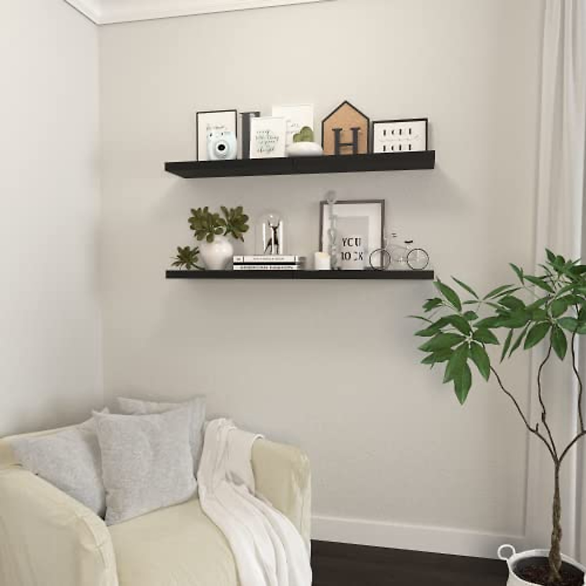 DOLLFIO Floating Shelves, 4 Sets Wall Shelves, Wooden Floating Shelves for Wall Décor, Wall Mounted Floating Shelf for Bathroom Storage, Floating Book Shelves for Wall, Bedroom, Living Room–Black