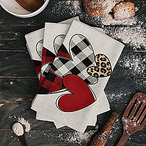 CirCleO Cotton Kitchen Towels 3 Pack, Vintage Heart Shape Black Red Buffalo Plaid Kitchen Dish Towels, Absorbent Dish Cloths/Bar Towels/Tea Towels/Hand Towels with Hanging Loop, Ultra Soft