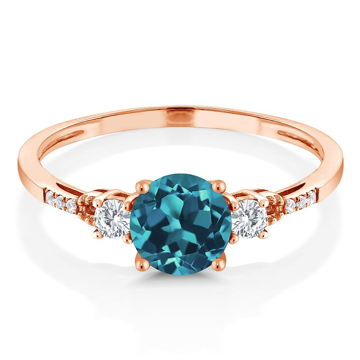 Gem Stone King 10K Rose Gold 6MM Round Gemstone Birthstone White Created Sapphire and White Diamond Accent 3-Stone Engagement Ring | Three-Stone Wedding Anniversary Promise Ring For Women