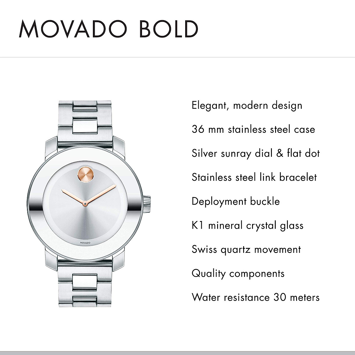 Movado Women's BOLD Iconic Metal Watch with a Flat Dot Sunray Dial, Silver/Pink/Gold (Model 3600084)