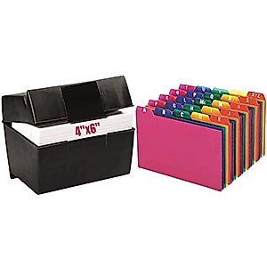 1InTheOffice Index Card Box 4x6, Index Card Storage Box 4 x 6 inches Index Card Holder 4x6 400 Capacity & Index Card Guide Set, A-Z, 1/5 Tab