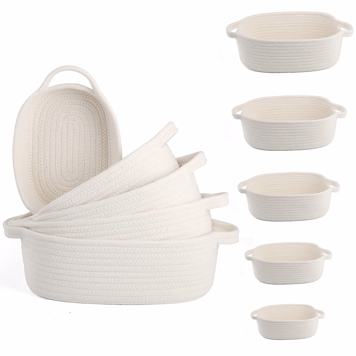 VOOWO Set of 5 Rope Basket, Woven Rope Baskets for Storage, Baskets for Gifts Empty, Small Rope Basket for Organizing, Nursery Rope Basket, Cotton Rope Basket, Woven Basket for Shelves (Off White)