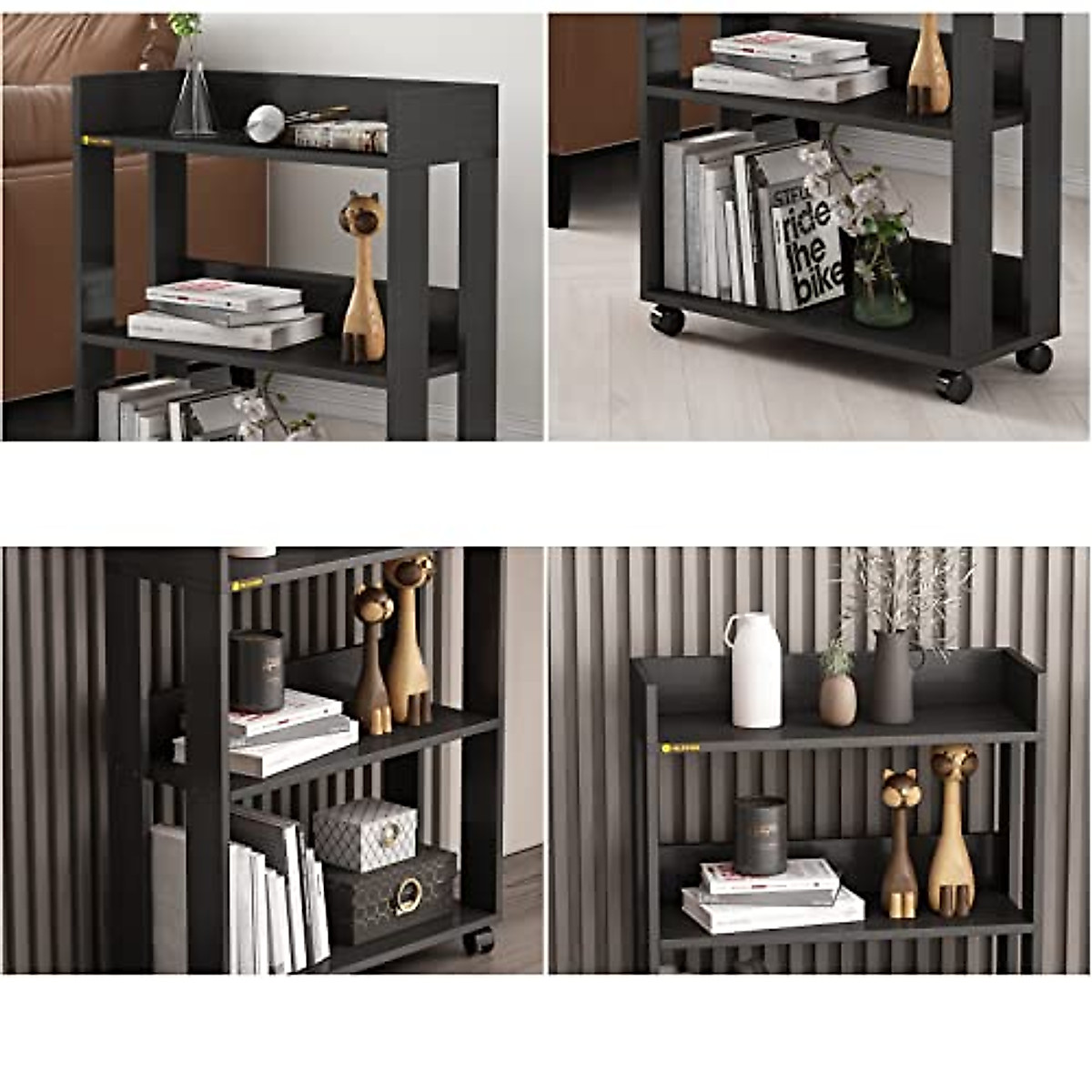 ALISENED Small Bookshelf and Bookcase, 3 Tier Wood Nightstand with Wheels, Modern Bedside End Table with Storage Rack for Bedroom, Library, Living Room, Home, Office Cart, Black