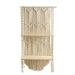 Macrame Wall Hanging Shelf, 2 Tier Boho Hanging Shelves for Wall, Floating Wood Shelves with Handmade Woven Rope for Small Plants, Books Photos, Bohemian Decor for Living Room, Bedroom, Bathroom