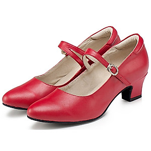 Honeystore Women's Synthetic Leather Metal Buckle Mary Jean Dance Shoes Closed-Toe Red 7 B(M) US