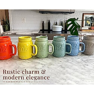 Mason Jar Mugs - Set of 6-15oz - Ceramic, Vibrant Colors - Great for Coffee, Tea, Cold/Hot Drinks, Indoor/Outdoor Parties - Farmhouse Décor