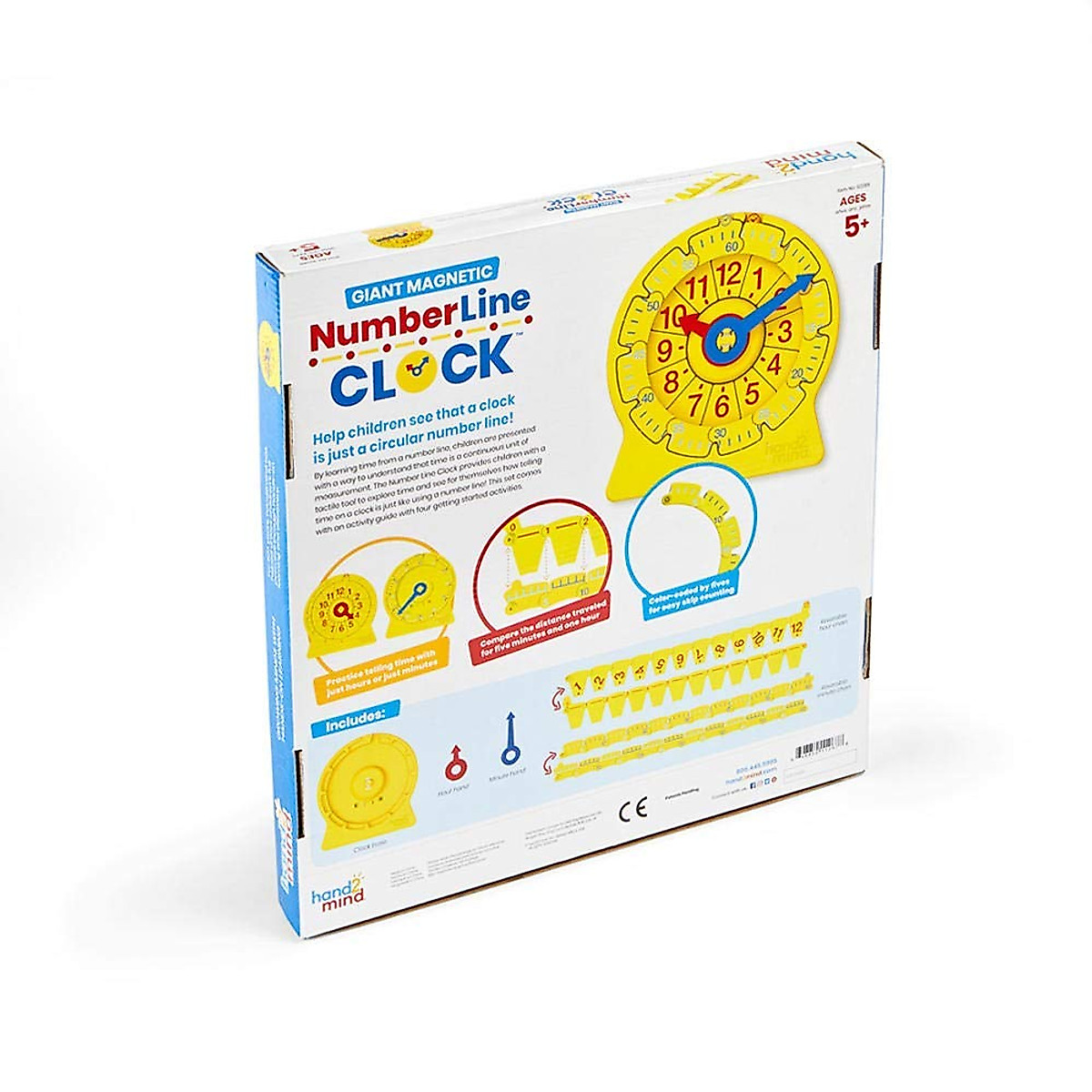 hand2mind Number Line Clock for Demonstration, Math Manipulatives for Counting Numbers and Telling Time, Montessori Toys for Toddlers, Learning to Tell Time Clock, Kindergarten Homeschool Supplies