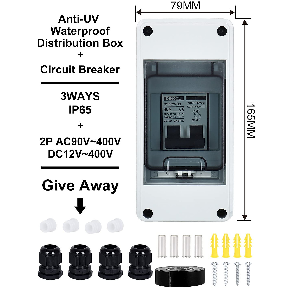 DIHOOL 40 Amp Circuit Breaker Box, Solar Panel Disconnet Switch, DC Miniature Circuit Breaker