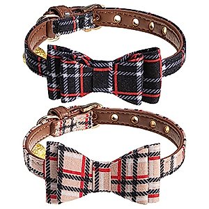 TAILGOO Classic Plaid Puppy Collars 2 Pack - Adjustable Black & Beige Pet Collars with Golden Bell and Bowtie for Small Puppies Cats, Leather Collar