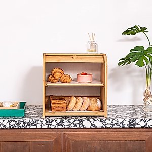 UIELPT Double Layer Large Bread Box for Kitchen Counter,Bamboo Large Capacity Bread Storage Bin,Counter-Large Capacity Bread Storage Container Farmhouse Bread Box with Flexible Sliding Door