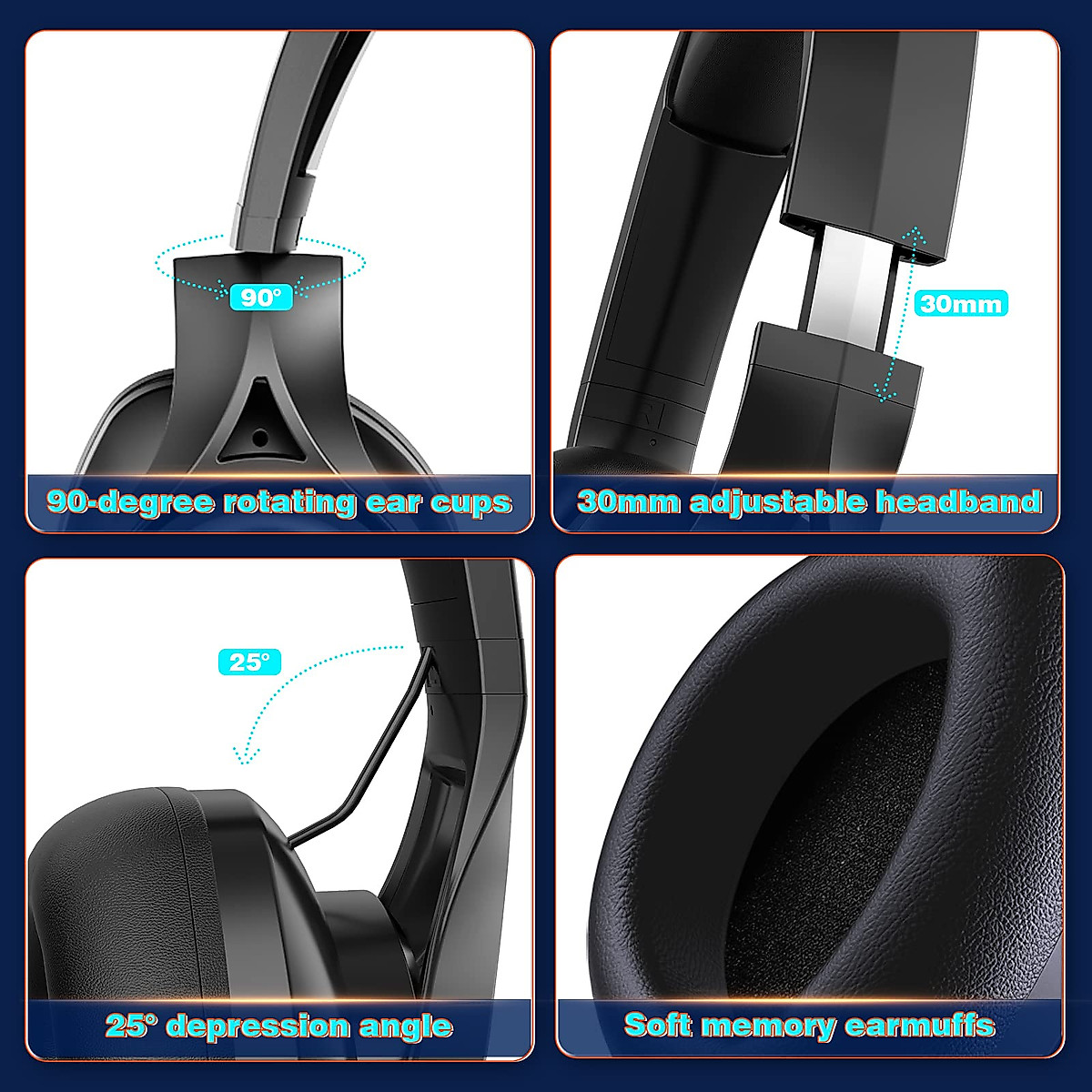 Gaming Headset with Microphone for Playstation 5, Double Head Beam Suspended Soft Soft Memory Earmuffs, 7.1 Surround Sound Wired Headset LED Light for PS5, PC, PS4, iMac, Laptop