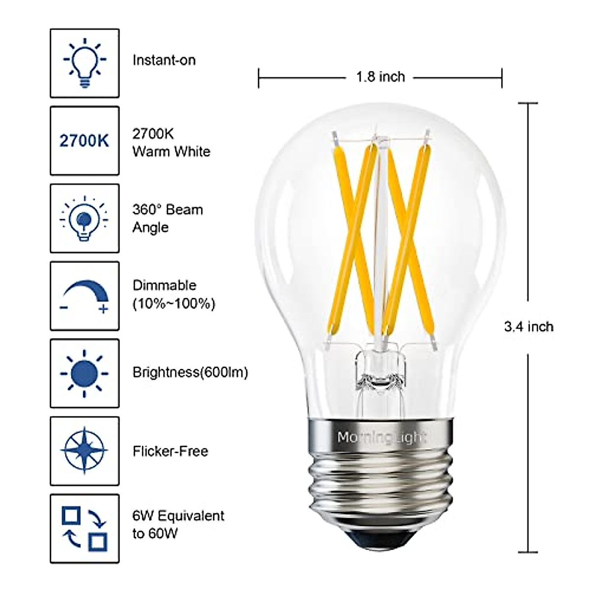 6 Pack Dimmable LED Light Bulbs 60 Watt Equivalent,6W E26 LED Bulb 2700K Warm White,A15 LED Bulb for Ceiling Fan Light Bulbs,Living Room,600LM
