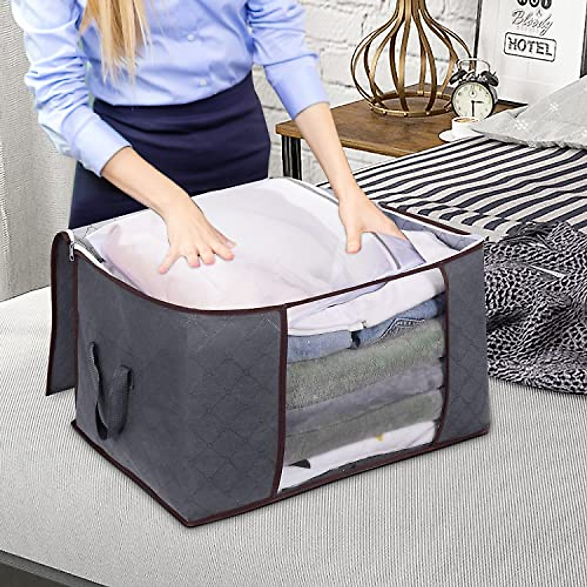 ZEKEROLL Large Capacity Clothes Storage Bag with Reinforced Handle Foldable Organizer with Thick Fabric For comforters,blankets,bedding Sturdy Zipper, Clear Window,1 Pack,90L,Grey With 1 Laundry Bag.