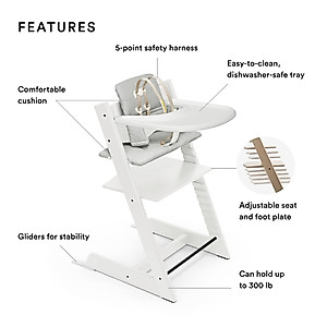 Tripp Trapp High Chair and Cushion with Stokke Tray - White with Nordic Grey - Adjustable, Convertible, All-in-One High Chair for Babies & Toddlers