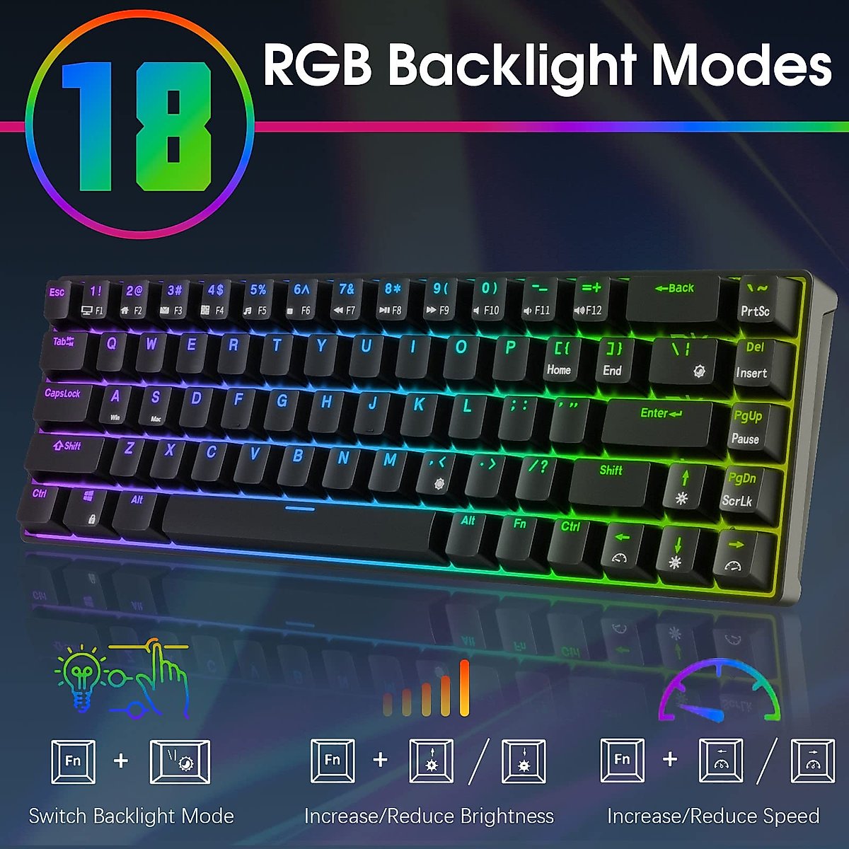 RK ROYAL KLUDGE RK68 (RK855) 65% Mechanical Gaming Keyboard, RGB Backlit Ultra-Compact 60% Layout 68 Keys Wired Keyboard, Hot Swappable Keyboard with Stand-Alone Arrow/Control Keys, Red Switch, Black