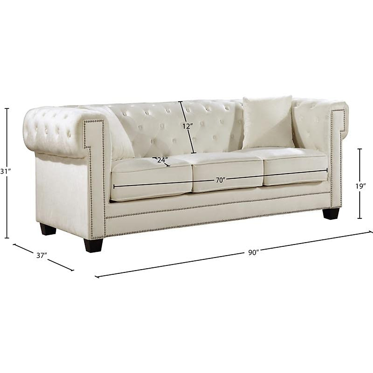 Meridian Furniture Bowery Collection Modern | Contemporary Button Tufted, Velvet Upholstered Sofa with Square Arms, Nailhead Trim and Wood Legs, Cream, 90" W x 36.5" D x 30.5" H