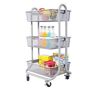 DESIGNA 3-Tier Rolling Utility Cart Storage Shelves Multifunction, Metal Mesh Baskets, Pantry Cart with Lockable Wheels, Gray